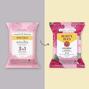 Burt's Bees Micellar Facial Towelettes With Rose Water, Pre-Moistened Towelettes for All Skin Types, 99.5 Percent Natural Origin Skin Care, 30 ct. Package