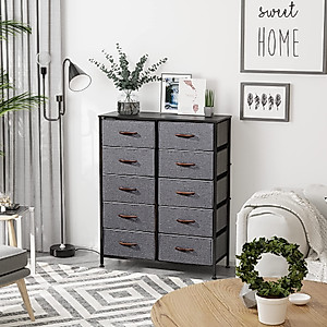 WAYTRIM 10 Drawer Storage Organizer, 10-Drawer Dresser, 10 Fabric Storage Tower for Bedroom, Tall Wide Dresser, for Hallway, Dormitory, Closet, Living Room, Sturdy Steel Frame, Wooden Top - (Grey)