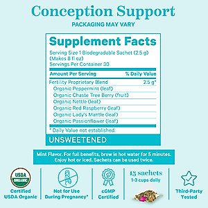 Pink Stork Fertility Tea for Conception and Hormone Balance with Organic Mint, Vitex, and Red Raspberry Leaf, Caffeine Free - Mint, 15 Sachets