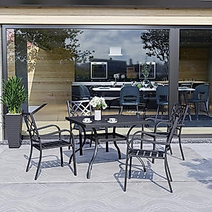 SOLAURA 5-Piece Outdoor Patio Dining Set, 4 Person Outside Table and Chairs Set, Metal Stacked Chairs of 4, Slat Table Top with 1.57" Umbrella Hole (Black)