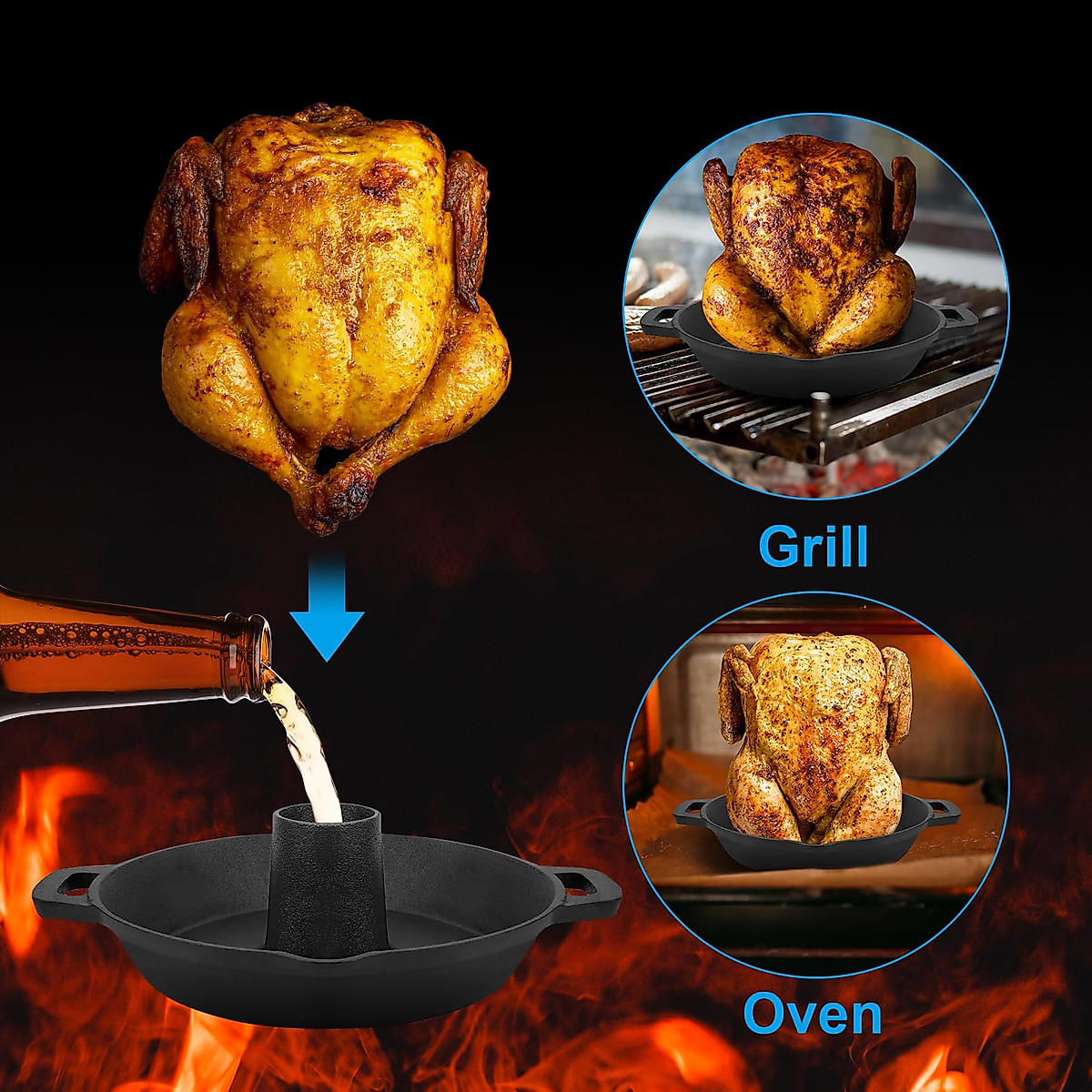 Thanksgiving Cast Iron Chicken Roaster Beer Can Chicken Roasting Pan, Beer Can Chicken Holder Chicken Stand for Most Grills and Oven, Turkey Roasting Pan for Thanksgiving Christmas Roast Chicken