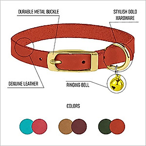 BRONZEDOG Cat Collar with Bell 2 PCS Adjustable Leather Cats Collar for Puppy Kitten Red Blue Green Brown Pink (Neck Fit 7" - 9", Red & Green)