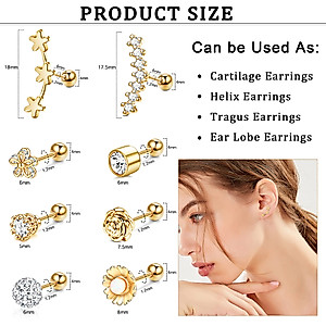 IRONBOX 18 Pcs 16G Cartilage Earrings Studs for Women Men Surgical Steel Tragus Couch Helix Piercing Jewelry Opal Flower Leaf CZ Cartilage Helix Earrings Gold