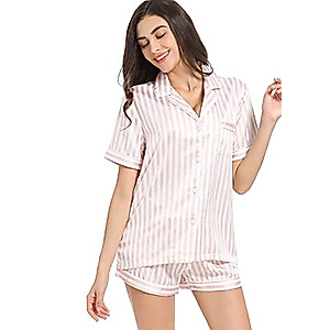Serenedelicacy Women's Satin Pajama Set 2-Piece Sleepwear Loungewear Button Down Short Sleeve PJ Set (Medium, Light Pink/Ivory, Stripe)