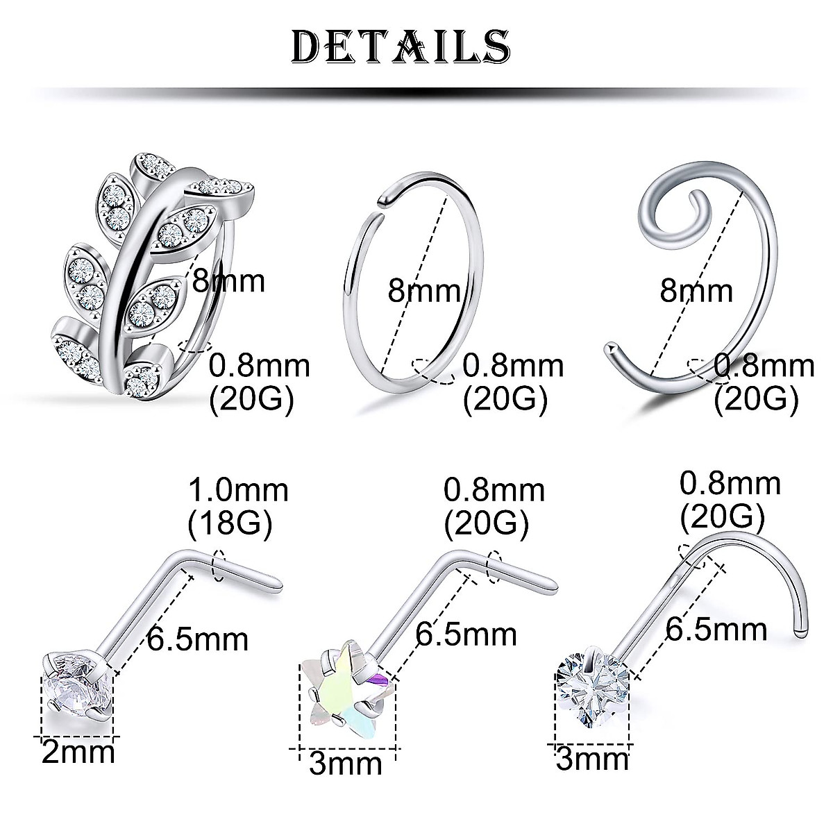 Kridzisw 18G Nose Rings Hoops Studs Piercing Jewelry for Women 18 Gauge Stainless Surgical Steel L Shaped Bend Screw Nose Ring Hoop Nose Rings Stud Nostril Piercing Jewelry Men Silver 2mm CZ Diamond