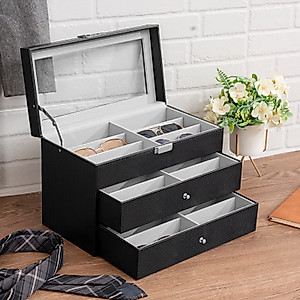Oyydecor Sunglasses Organizer for Women Men, 3-layer 18 Slots Glasses Case Sunglass Eyeglasses Collector Eyewear Display Storage Box with Drawer Clear Glass Top, Carbon Fiber, Black