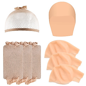 WXJ13 4 Packs Halloween Makeup Latex Bald Caps with 4 Nylon Wig Caps for Kids Teens, Head Wig Cap Costume for Halloween Party Adult Costume Accessory