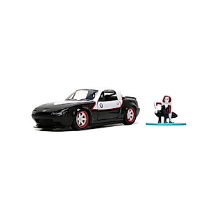 Jada 1990 Mazda Miata Black and White with Graphics and Ghost Spider Diecast Figure Spider-Man Marvel Series 1/32 Diecast Model Car