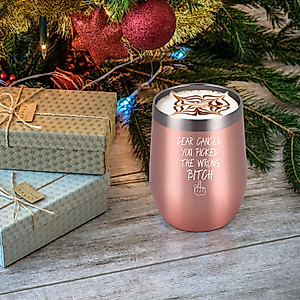 Dear Cancer You Picked The Wrong Bitch Stainless Steel Wine Tumbler, Cancer Gifts For Women, Breast Cancer Cancer Survivor Chemotherapy Gifts For Women, 12oz Insulated Wine Tumbler with Lid, Rose Gold