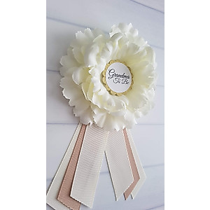 Mom To Be Sash and Dad To Be Pin By LMC | Baby Shower Belly Sash and Corsage | USA Handmade | Heat Sealed Ends | Ivory and Beige (Grandma to be pin)