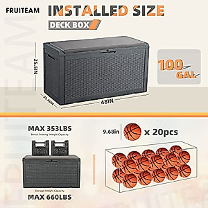 FRUITEAM 100 Gallon Patio Deck Box Outdoor Storage Box with Soft Cushion, Lockable Resin Storage Bin Weather Resistant for Patio Furniture Pillows, Pool Toys, Garden Tools