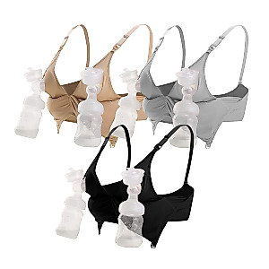 iloveSIA 3PACK Nursing & Pumping Bra All in One Hands Free Pumping Bra Black+Gray+Beige Size XL