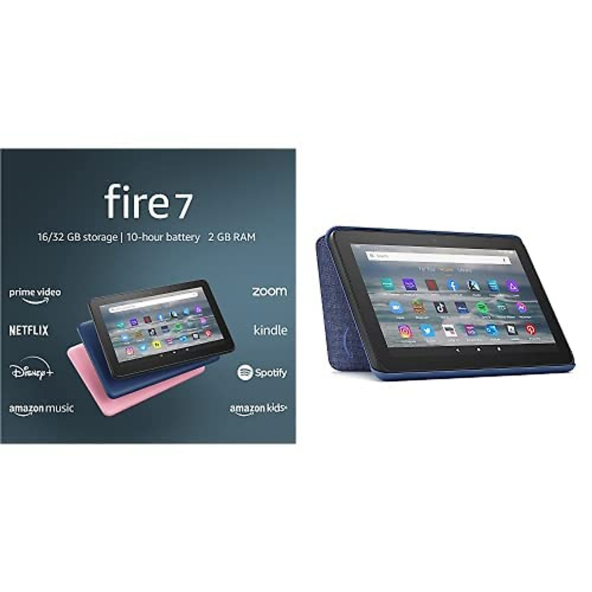 All-new Fire 7 tablet (16 GB, Denim, Ad-Supported) + Amazon Standing Cover (Denim)
