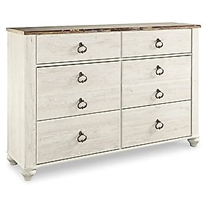 Signature Design by Ashley Willowton Coastal Cottage 6 Drawer Dresser with Faux Plank Top, Whitewash