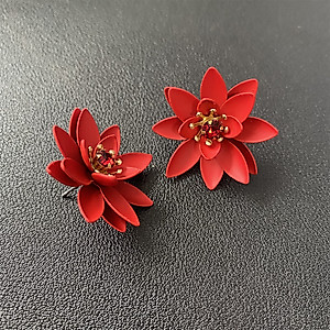 Chic Cute Boho Matte Flower Statement Stud Earrings with Gold Flower Bud for Women Sister Mom Lover and Friends (Red 13)