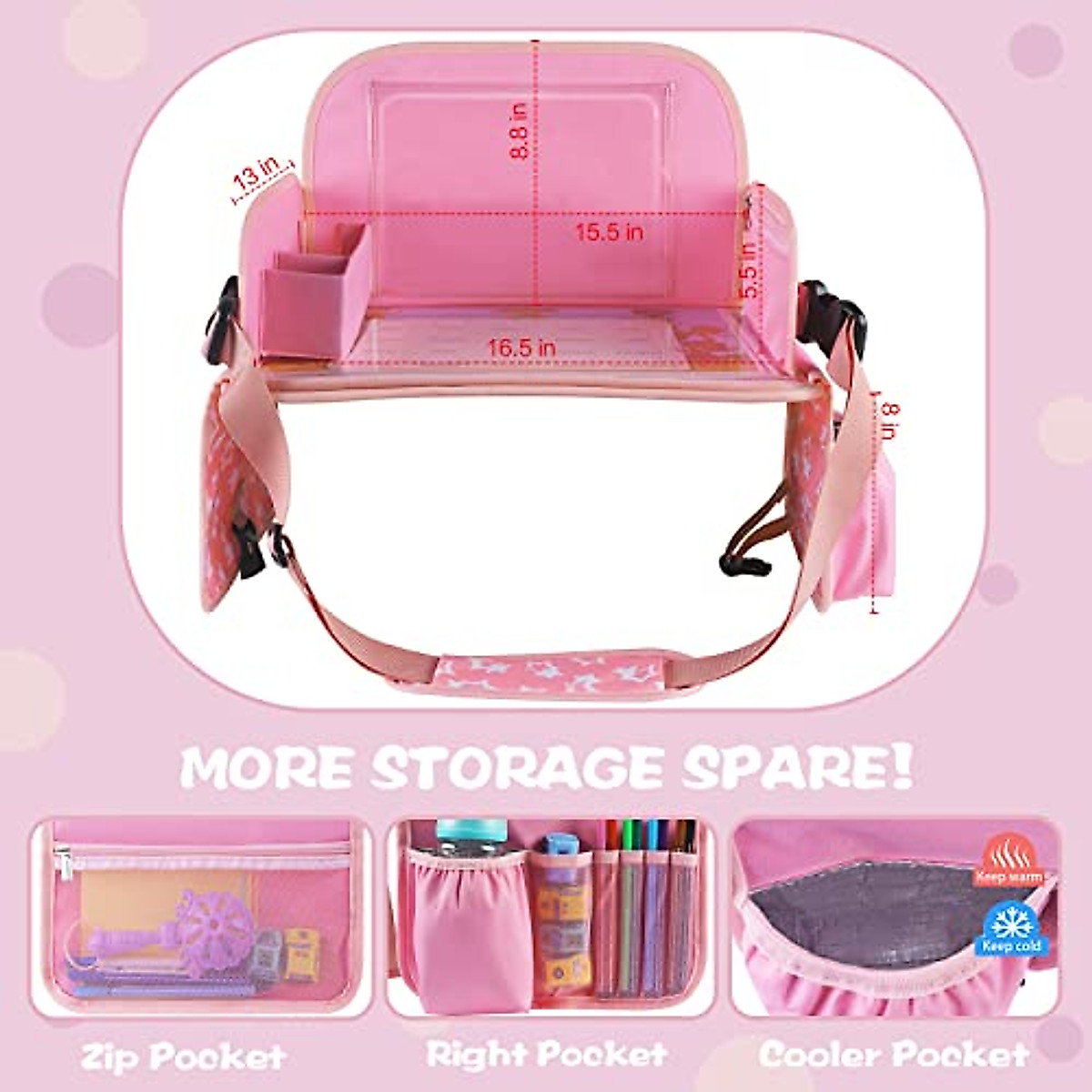 MENZOKE Kids Travel Tray for Toddler Car Seat, Lap Tray for Girl Activities with Dry Erase Board & Cooler Cup Holder, Road Trip Essentials Accessories with No-Drop Large Tablet iPad Holder Stand,Pink