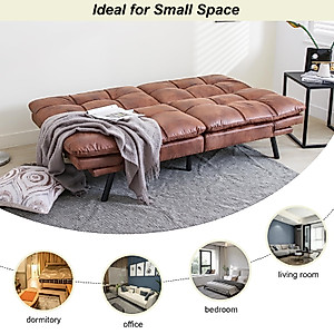 Maxspeed Sofa Bed, Convertible Memory Foam Sofa, Modern Loveseat Sleeper with Adjustable Armrests and Backrest, Faux Leather Futon for Living Room, Office, Small Space, Brown