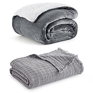 Bedsure Sherpa Fleece Blankets Grey Twin & Bedsure 100% Cotton Muslin Blankets Grey Throw