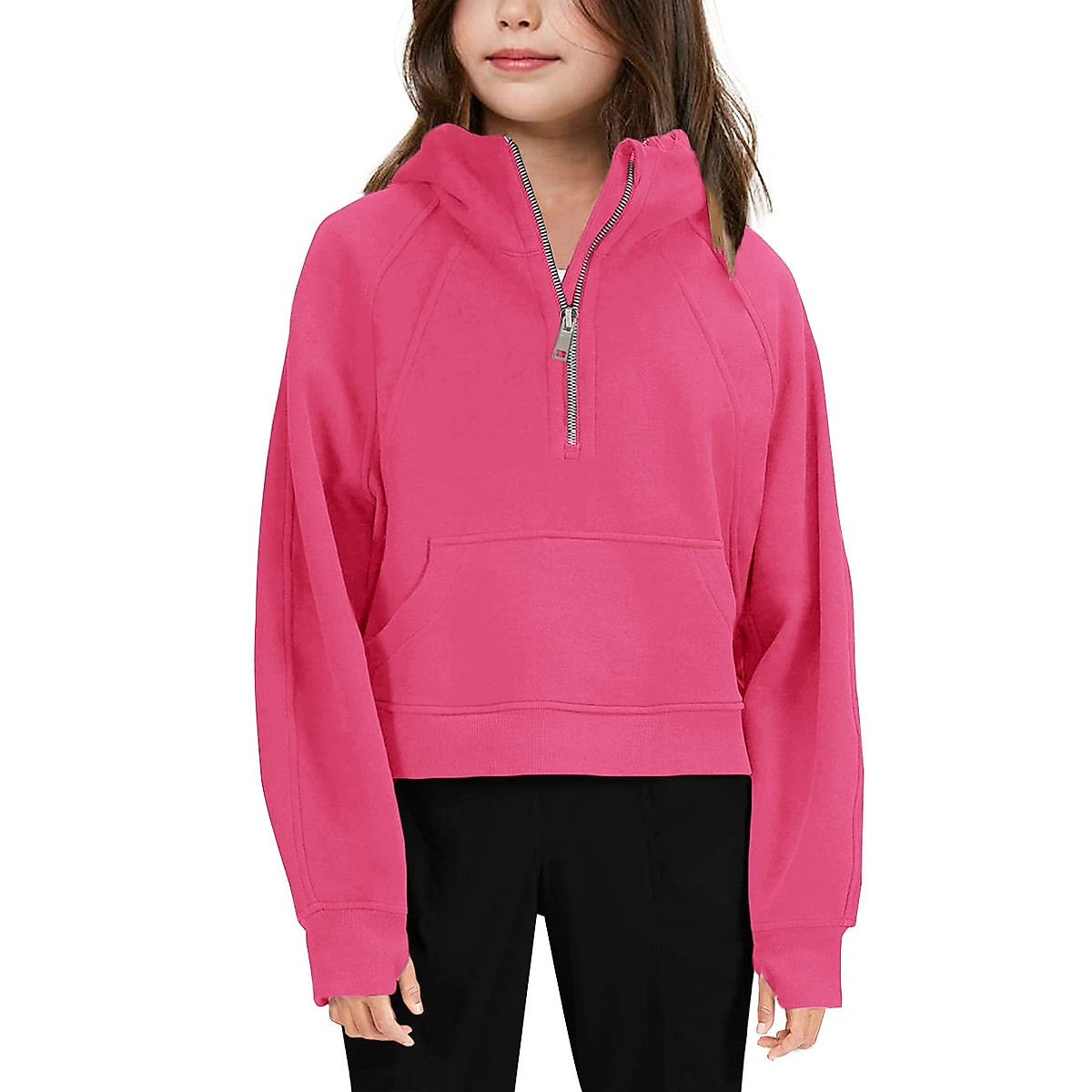 Girls' Hoodies Sweatshirts Half Zipper Pullover Crop Tops for Teen Girls Long Sleeve Sweater Thumb Hole Pink Red