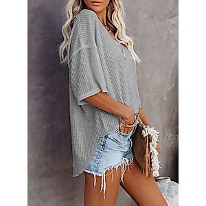 SHEWIN Oversized T Shirts for Women Summer Casual V Neck Short Sleeve Shirt 2023 Trendy Lightweight Waffle Knit Tunic Tops Loose Blouses Grey M