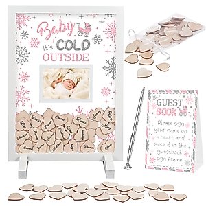 Taiyin 65 Pcs Baby Shower Guest Book Alternative Baby It's Cold Outside Snowflake Baby Shower Favors Picture Frame Baby Shower Decors for Baby Shower Birthday Christmas(Pink Theme Style)