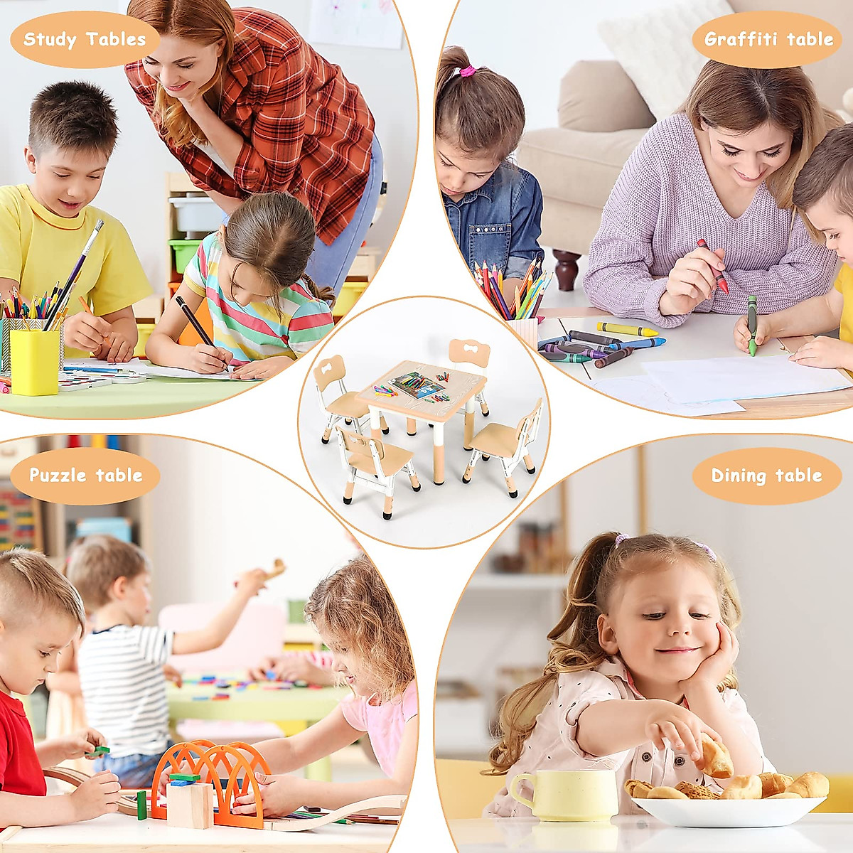 Arlopu Kids Study Table and Chair Set, Height Adjustable Children Desk and 4 Chairs Set, Toddler Multi-Activity Table Set for Reading, Drawing, Eating, Max Load 220lbs Boys Girls Gift (Beige)