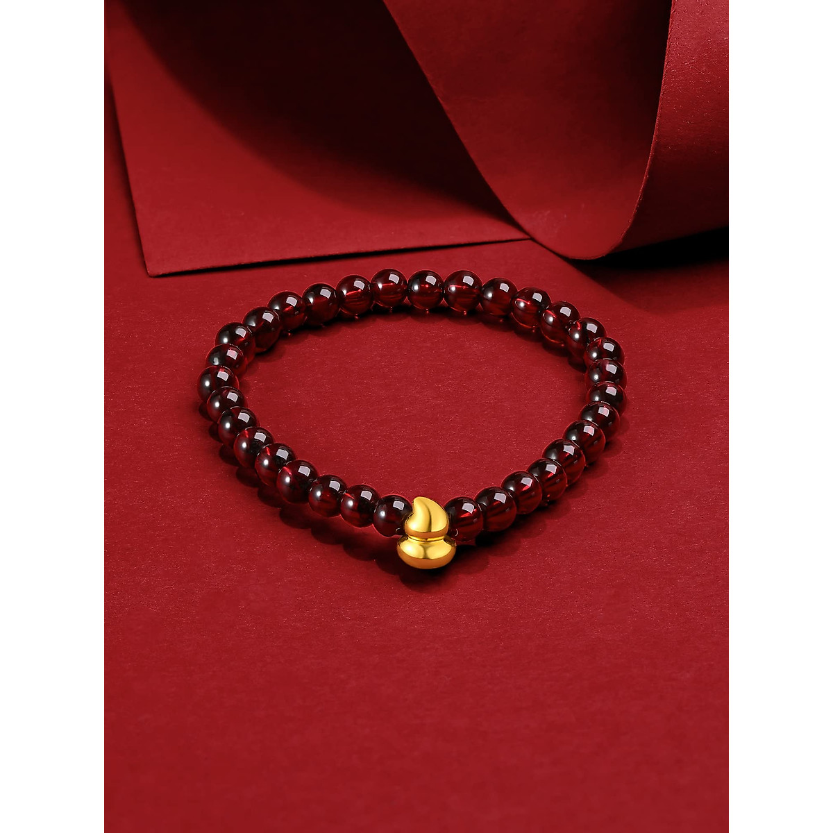 ZHOU LIU FU 24K Solid Gold Bracelet for Women, Real Pure Gold Jewelry Gourd Garnet Beaded Bracelet for Men Girlfriend