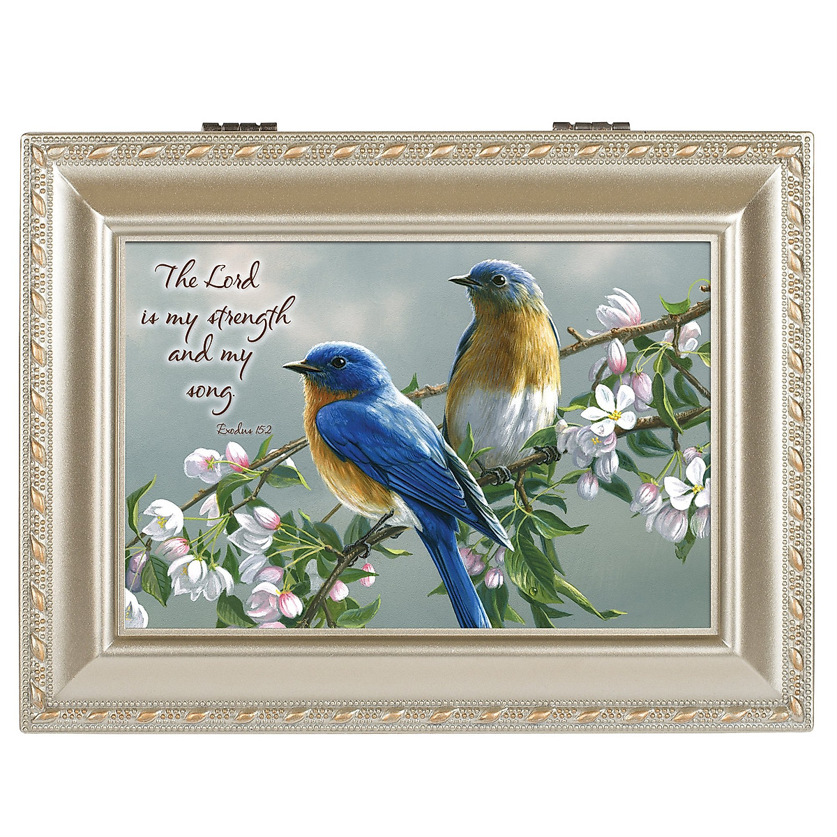 Cottage Garden The Lord is My Strength Song Silvertone Rope Trim Jewelry Music Box Plays Amazing Grace