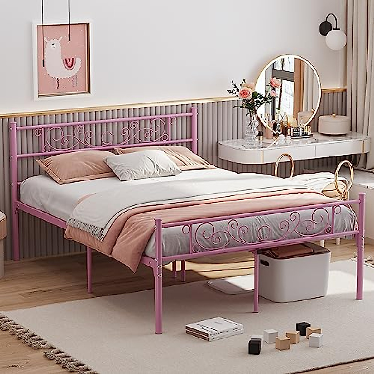 Elephance Full Size Bed Frame with Headboard and Footboard, Metal Platform Bed Frame with 14 Inch Storage Space No Box Spring Needed Easy Assembly for Adult Pink