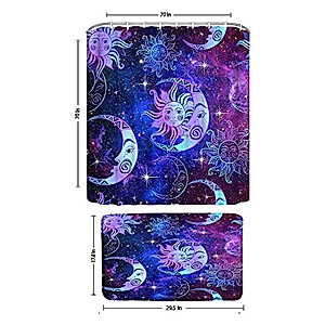 VPUPCN 2 Pcs Sun Moon Shower Curtain Sets with Bath Mat,Purple Blue Burning Sun Stars Abstract Mandala Celestial Fantasy Galaxy Boho 70"x 70" Bathroom Curtain with 12 Hooks and 29.5"x 17.8" Bath Rugs