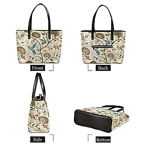 Ethnic Flower Shoulder Tote Bag for Women Girls, Leather Handle Bag Durable Hummingbird Latop Tote Bag With Zipper Pocketfor School Work Travel