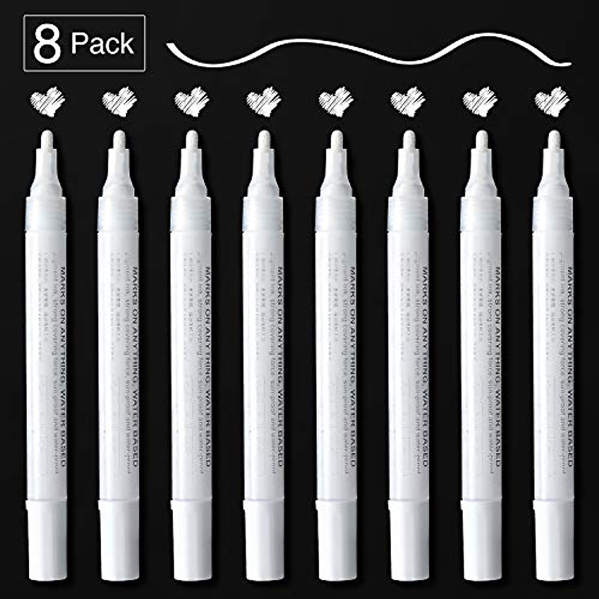 White Paint Pen for Art - 8Pack Acrylic White Paint Marker for Rock Painting, Stone, Wood, Canvas, Glass, Metal, Metallic, Ceramic, Tire, Graffiti, Paper, Drawing, Highlight Water-Based Paint Sets