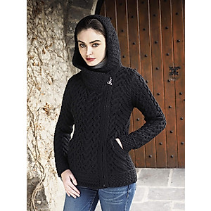 Aran Crafts Women's Cable Knit Comfortable Side Zip Hoodie (HD4916-MED-BLAC) Black