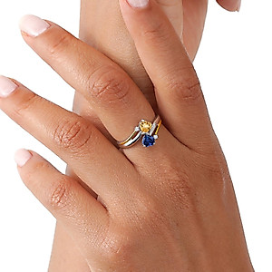 925 Sterling Silver and 10K Yellow Gold Yellow Citrine Blue Created Sapphire and White Lab Grown Diamond 2 Heart Promise Couple Engagement Mother Ring (0.98 Cttw, Gemstone Birthstone) (Size 6)