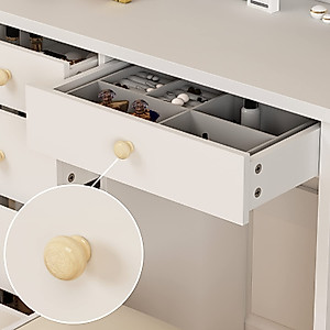 AGOTENI Makeup Vanity Set Dresser Desk with 5 Drawer and Shelf Round Mirror Dressing Table Vanity Set with Cushioned Stool for Bedroom, White