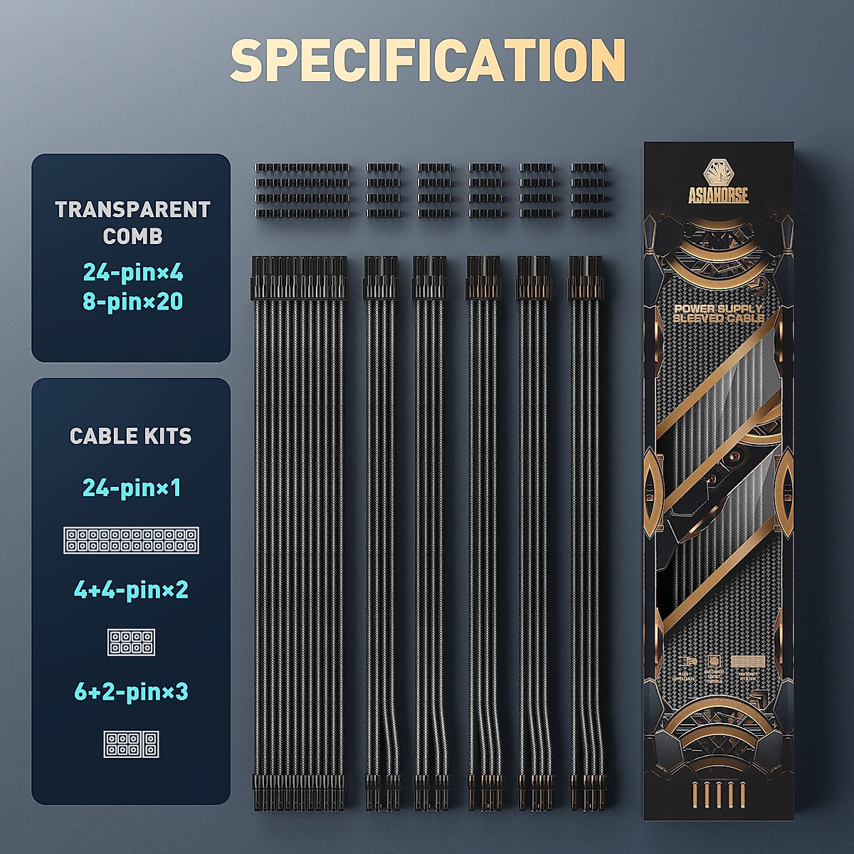 AsiaHorse PSU Cable Extension Kit, 24Pin/4+4 EPS/6+2 PCI-E 16AWG Power Supply Sleeved Cable Kit for Two-Way CPU Performance, 6kit Pro Clear Series