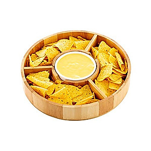 Chip and Dip Serving Bowl – Wooden Appetizer Platter Set with Dip Cup for Salsa, Guacamole, Nacho, Vegetables, Taco Chip, Snacks and More – 12 Inch Diameter