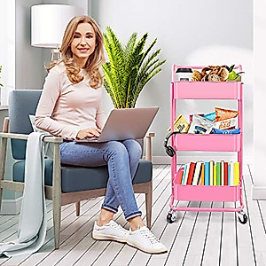 Homchwell Metal 3 Tier Utility Cart, Mesh Rolling Cart Organizer with Handle & Lockable Wheels, Multi-Functional Rolling Storage Cart for Kitchen, Bathroom, Living Room and Office