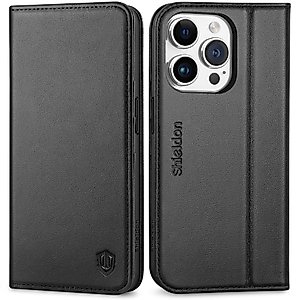 SHIELDON Case for iPhone 15 Pro 5G 6.1", Genuine Leather iPhone 15 Pro Wallet Case Flip Cover RFID Blocking Card Slots Magnetic Closure Shock-Absorbent Case Compatible with iPhone 15 Pro 2023 - Black