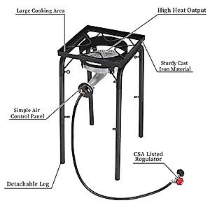 ROVSUN 200,000-BTU Powerful Propane Burner, High Pressure Portable Single Gas Stove Cooker with Adjustable Height & 20psi Regulator for Outdoor Camp Cooking Home Brewing Turkey Frying Maple Syrup Boil