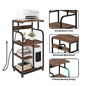 VEDECASA Mobile High Printer Stand with Power Outlet Charging Plugs USB Port Office Storage Shelf Includes Computer Tower CPU Stand Holder with Wheel (Brown)