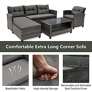 HAPPYGRILL 4 Pieces Patio Furniture Set Outdoor PE Wicker Sectional Sofa Set with Corner Sofa and Cushions, 2-Tier Coffee Table with Extra Storage Shelf, Patio Conversation Set for Poolside Backyard