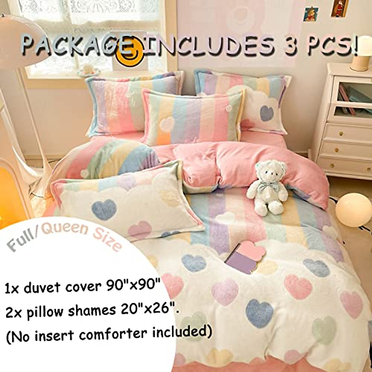 MorroMorn Pink Duvet Cover Queen, Rainbow Bedding Sets, Fluffy Comforter Covers Set, Down Alternative Blanket Ultra Soft Kawaii Cute for Girls Kids Teen Women Full Double Size