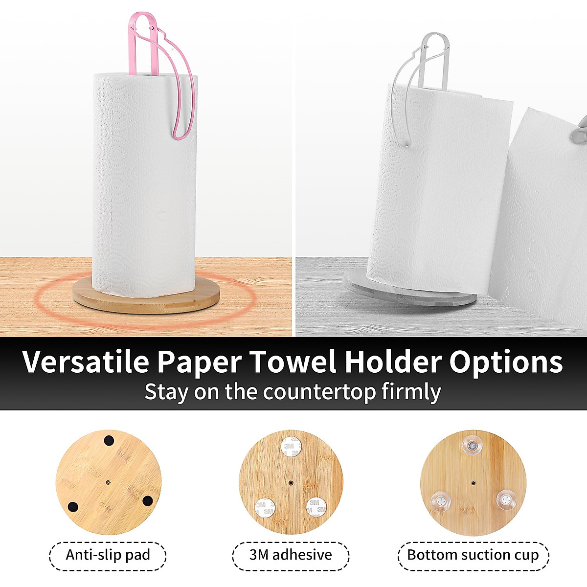 TONLEA Wood Paper Towel Holder with Fixer, Paper Towel Holder Countertop, Kitchen Towel Holder Free-Standing with Fixed or Non-Slip Wooden Base-Pink