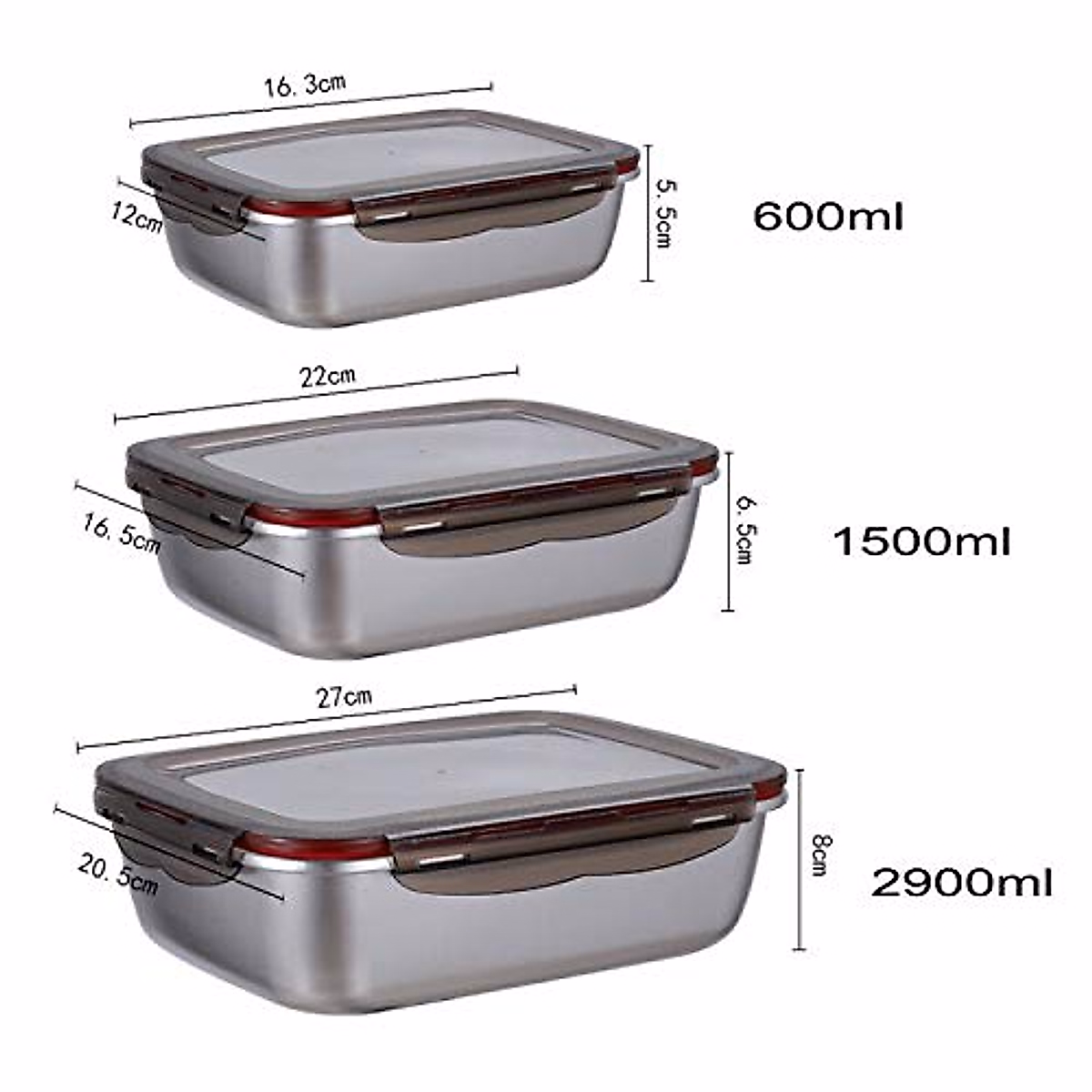 3 Pieces Stainless Steel Food Storage Container with Lids Airtight Metal Food Containers Stackable Meal Prep Leftover Containers for Freezer Fridge Oven Dishwasher Safe 600ml/1500ml/2900ml