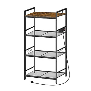 MAHANCRIS Bakers Rack with Power Outlet, Microwave Stand with Hooks, Multifunctional Storage Rack, Coffee Bar with Enclosure, Kitchen Storage Shelf, for Kitchen, Dining Room, Rustic Brown BRHR40E01N1