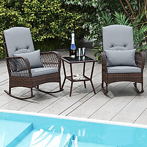 Tangkula 3 Piece Patio Rocker Set, Patiojoy Outdoor Wicker Rocking Chairs w/Double-Layer Coffee Table, Rattan Rocker Chair Set w/Seat Back Cushions & Pillows, for Porch, Backyard, Poolside (Grey)