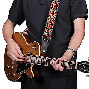 Nefelibata Guitar Strap, Embroidered Cotton Guitar Straps with Head Cowhide Leather Ends for Bass, Electric & Acoustic Guitars, with Free Strap Button, 1 Pair Strap Locks and 4 Guitar Picks (Saffron)