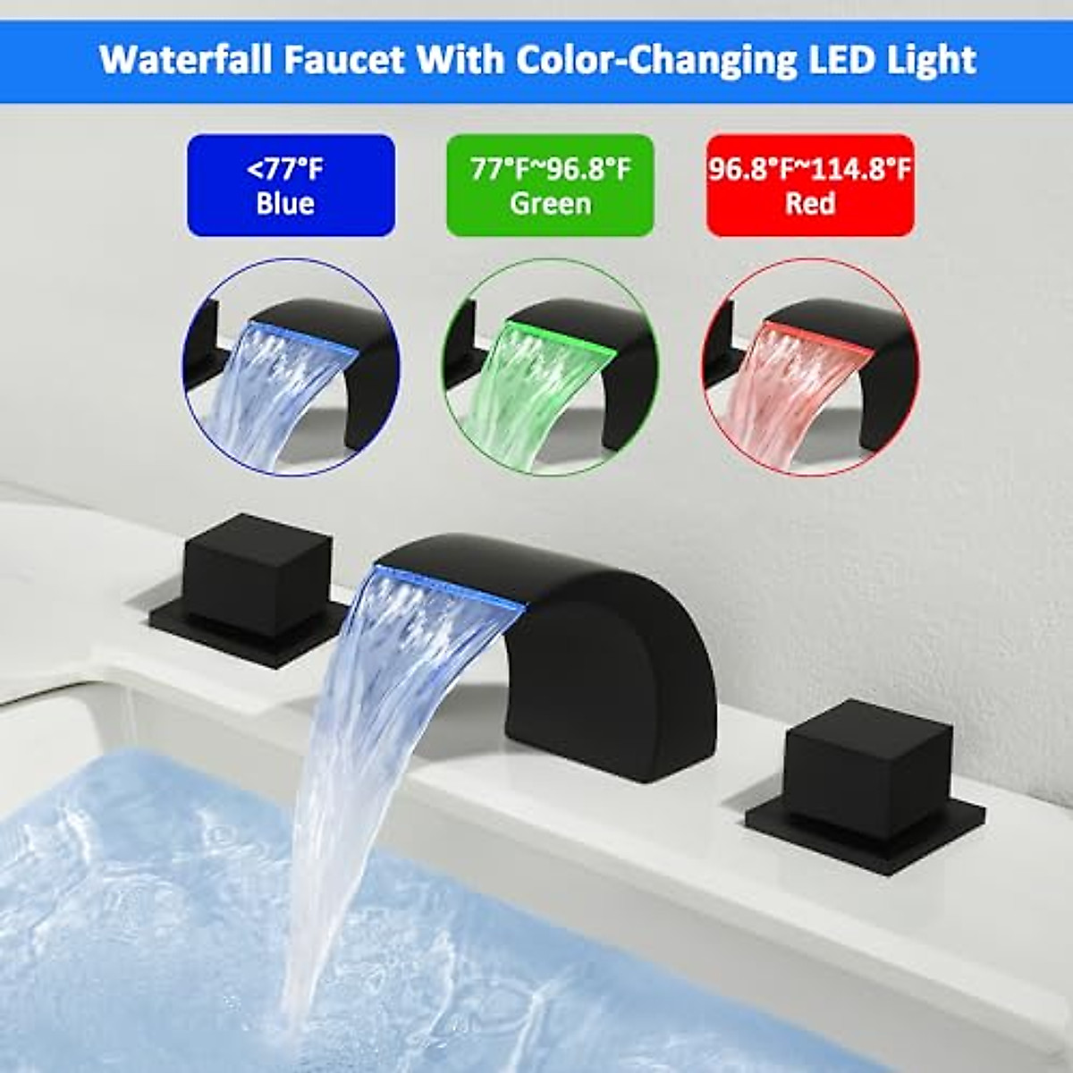 Bathroom Faucet 3 Hole Waterfall Widespread 2 Handle Vanity Sink Faucet with LED Color Changing, SKOWLL Matte Black