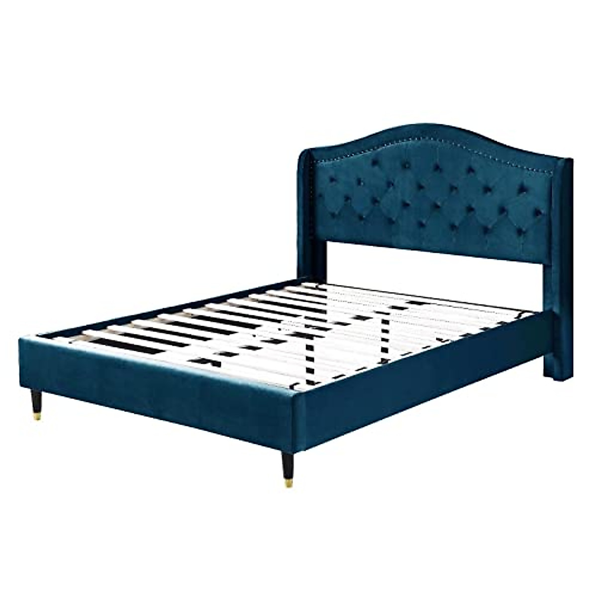 Morden Fort Blue Velvet Bed Frame Wood Platform, Upholstered Platform Bed with 51” Headboard, Heavy Duty Bed Frame with Wood Slat Support, No Box Spring Required, Easy Assembly, California King